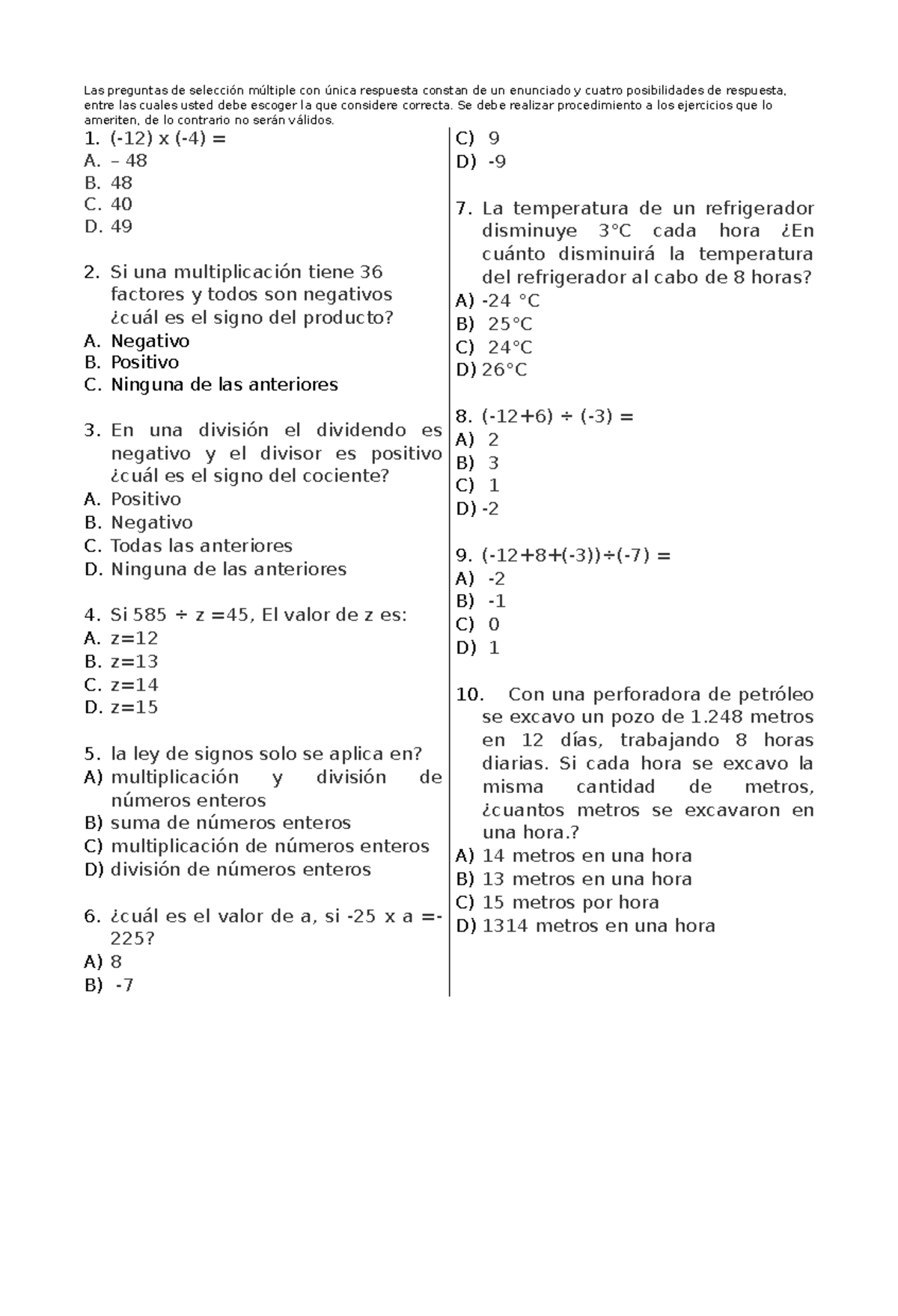 Examen de Selección Múltiple: Matemáticas y Signos - Multi Divisiones ...