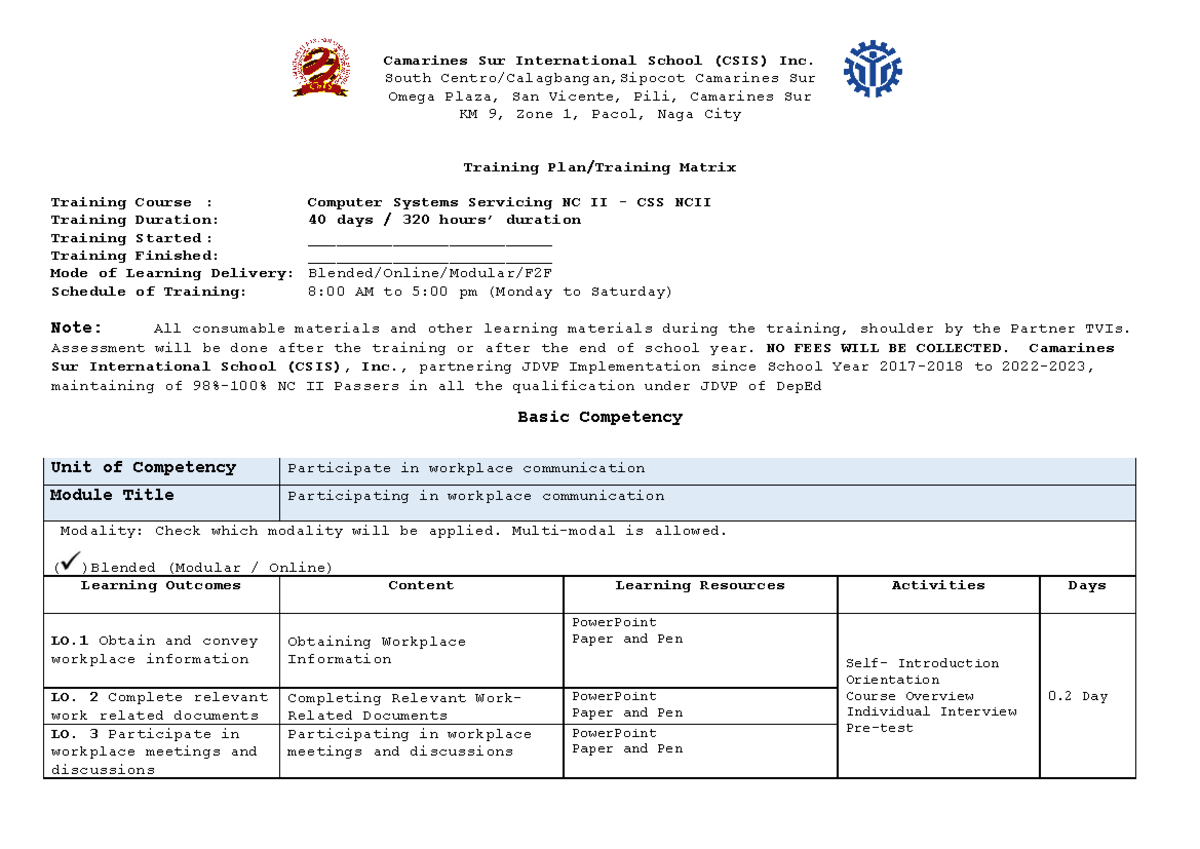 CSS NCII - Comprehensive Training Plan for JDVP Program - Studocu