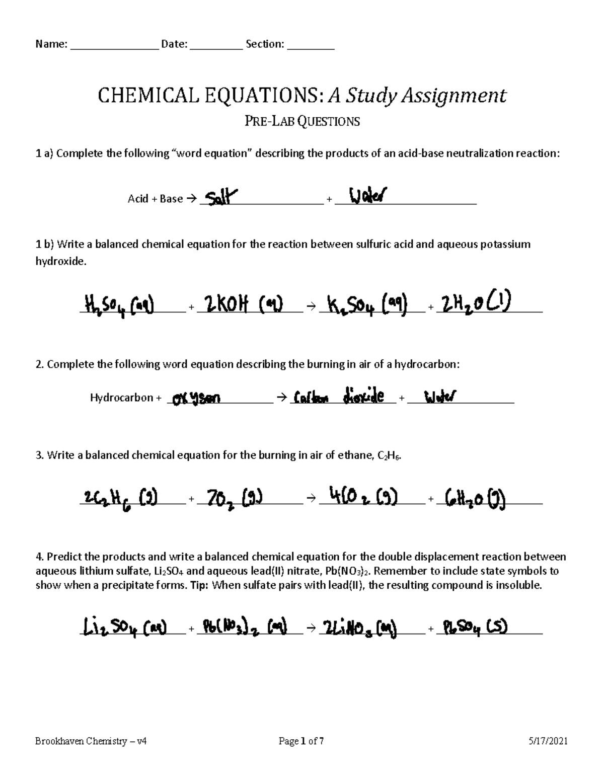 Word Equation Chemistry Practice