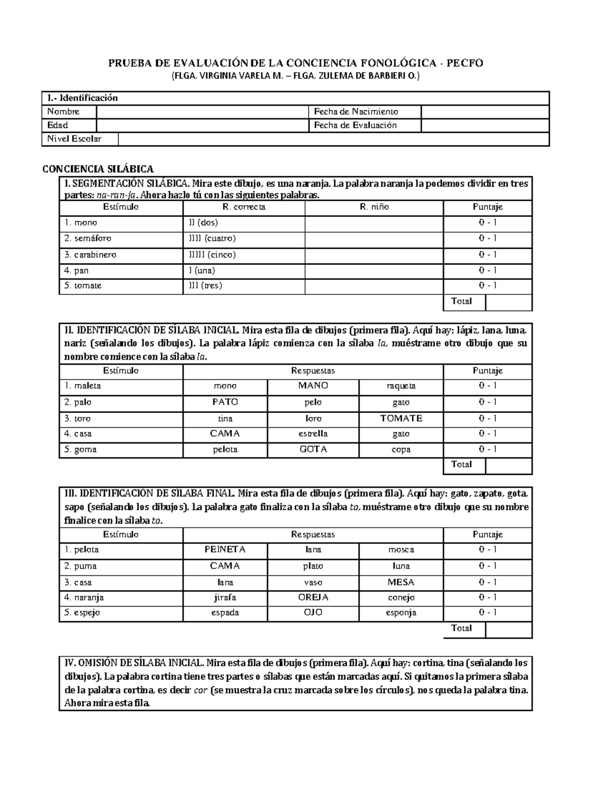 Pecfo Prueba DE Evaluación DE Conciencia Fonológica - PRUEBA DE EVALUACIÓN DE LA CONCIENCIA ...