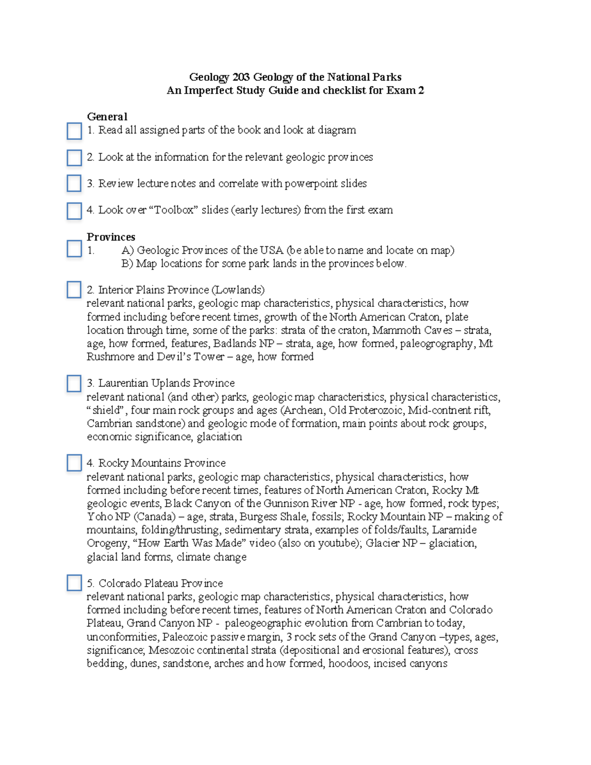 Geology 203: Study Guide & Checklist for National Parks Exam 2 - Studocu
