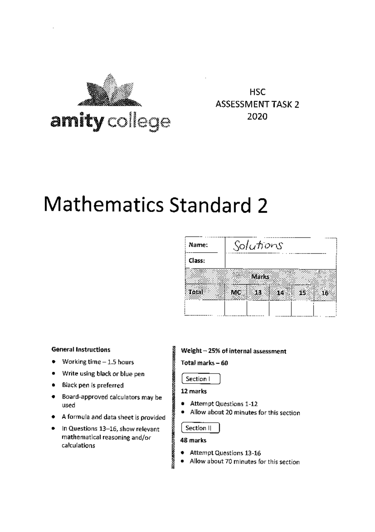 2020 12MAT STA 2 Assessment Task 2 Solutions and Marking Guide - Studocu