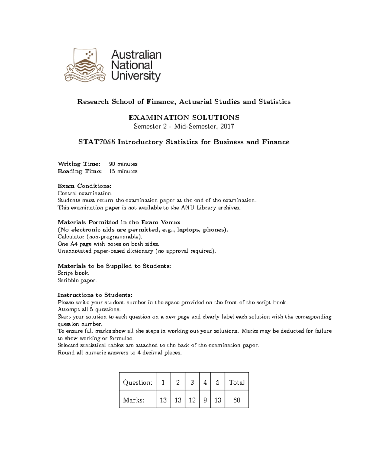 STAT7055 2017-S2 Examination Solutions for Introductory Statistics ...