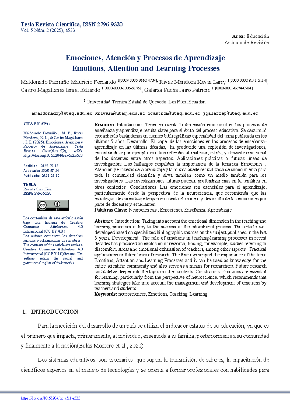 Revisión de Emociones, Atención y Aprendizaje - TESLA Rev. Científica ...