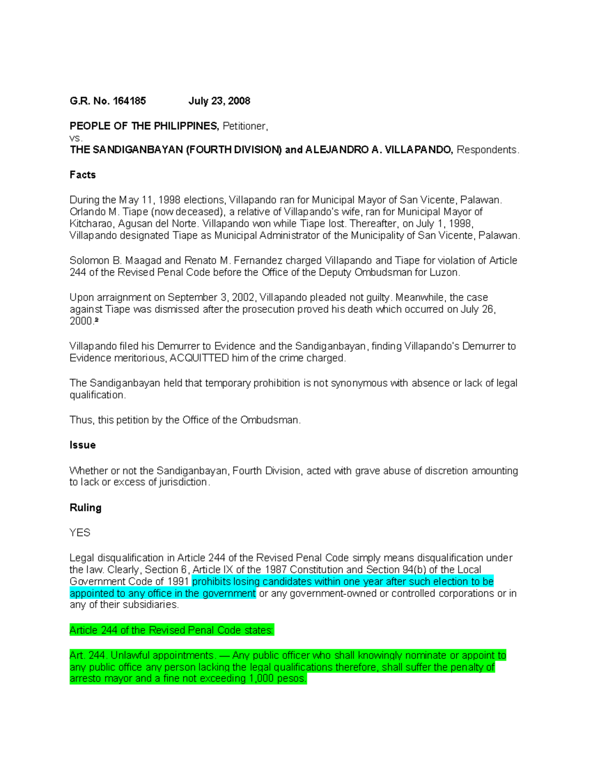 G.R. No. 164185: People of the Philippines vs. Villapando Case Study ...