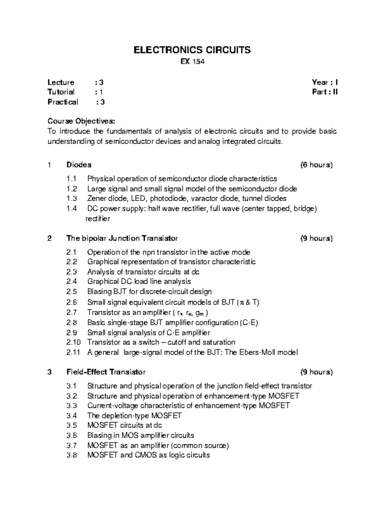 ELECTRONICS CIRCUITS EX 154 Lecture Notes: Fundamentals & Applications ...