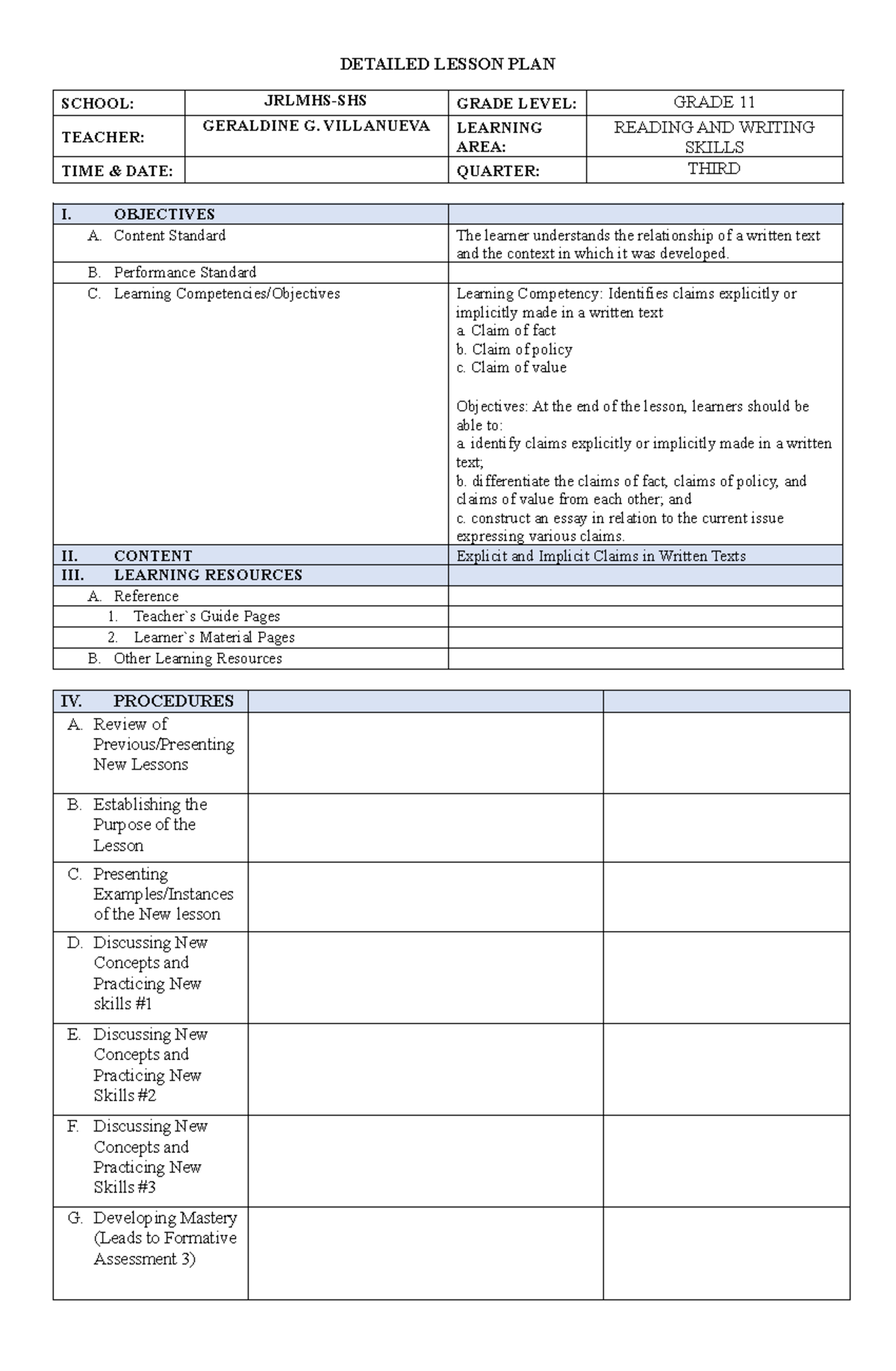 Detailed Lesson PLAN - notes - DETAILED LESSON PLAN SCHOOL: JRLMHS-SHS ...