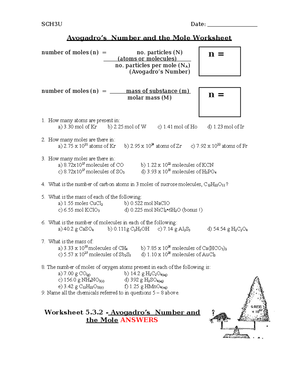 SCH3U Unit 3 - Avogadro's Number & Mole Worksheet - Studocu
