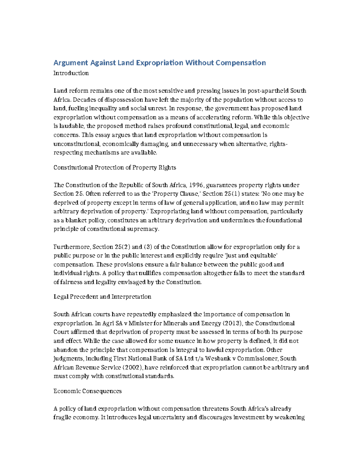 Argument Against Land Expropriation Without Compensation: A Critical ...