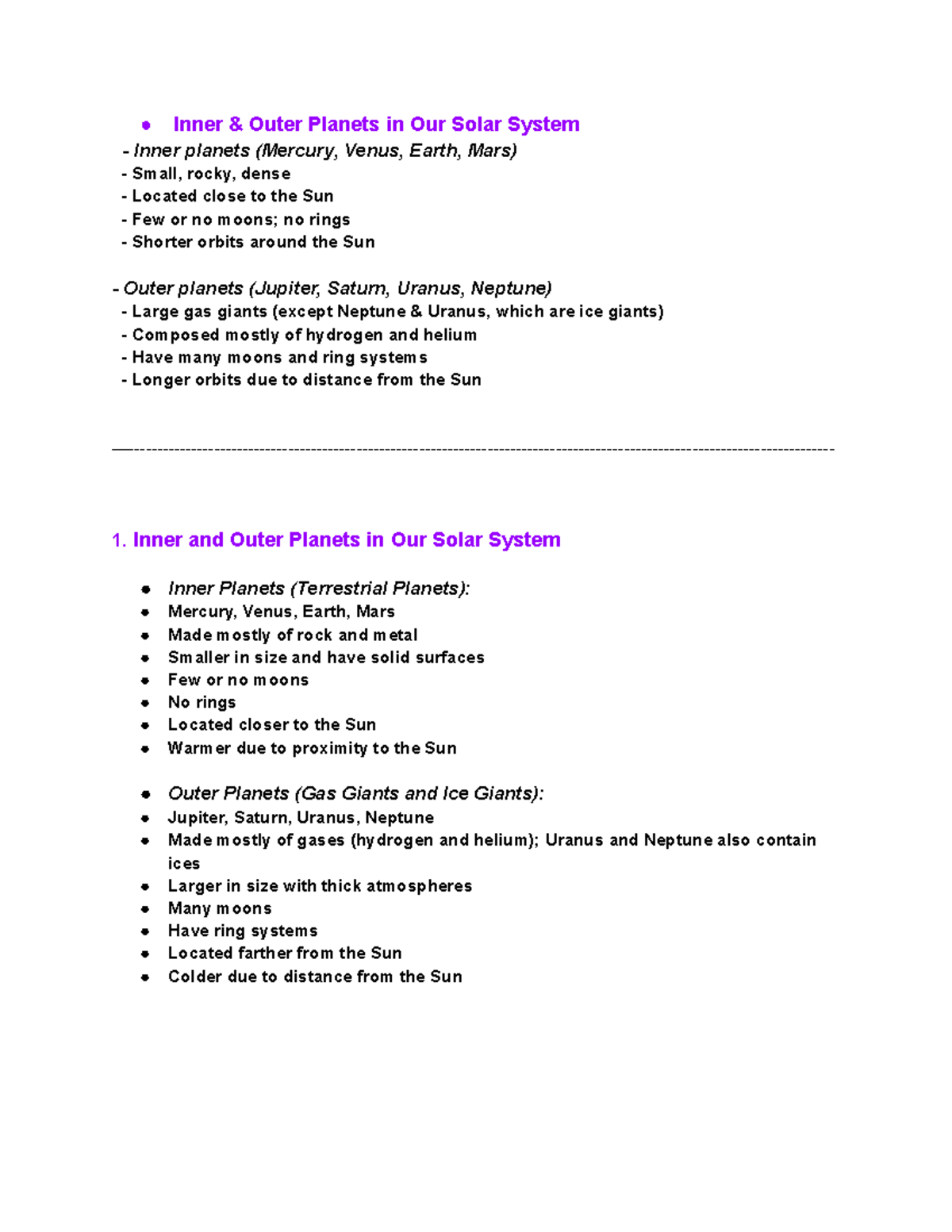 DBA Module 8 Notes: Inner and Outer Planets in Our Solar System - Studocu