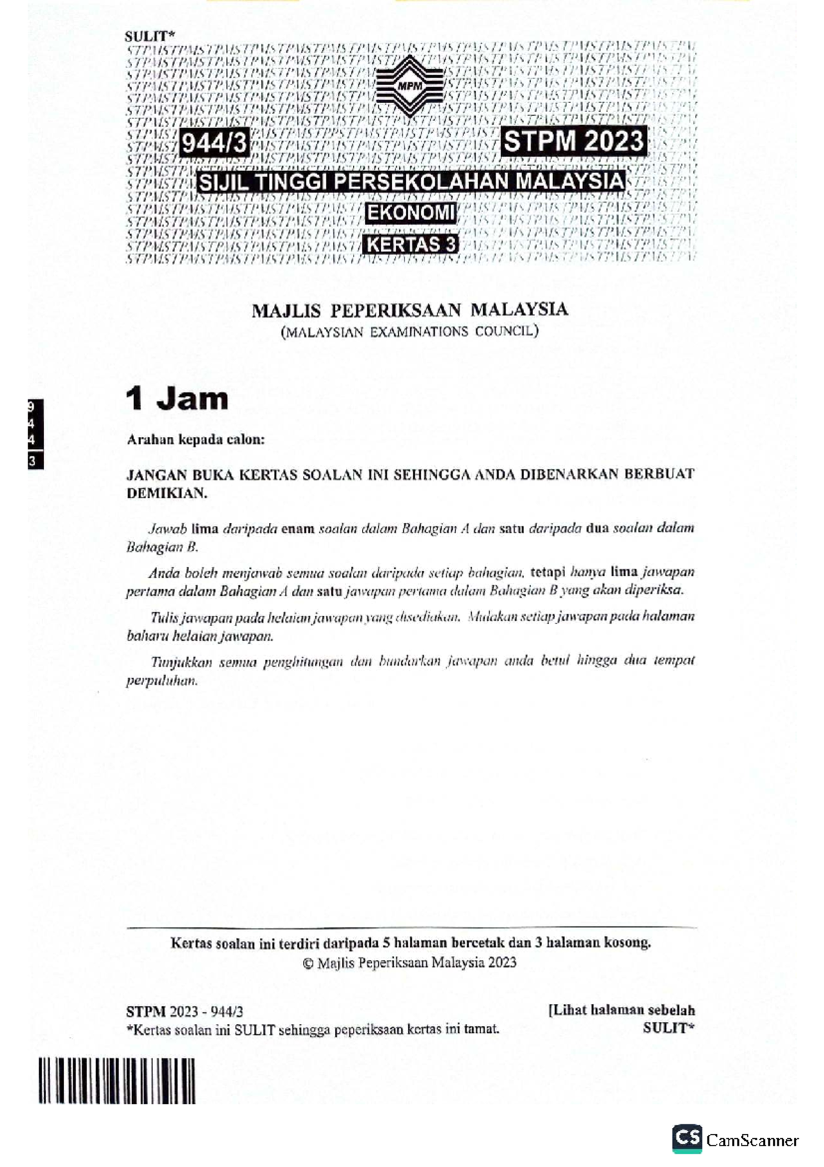 STPM EKO 9443 2023 - KERTAS EXAM SEM 1 EKONOMI SULIT - Studocu