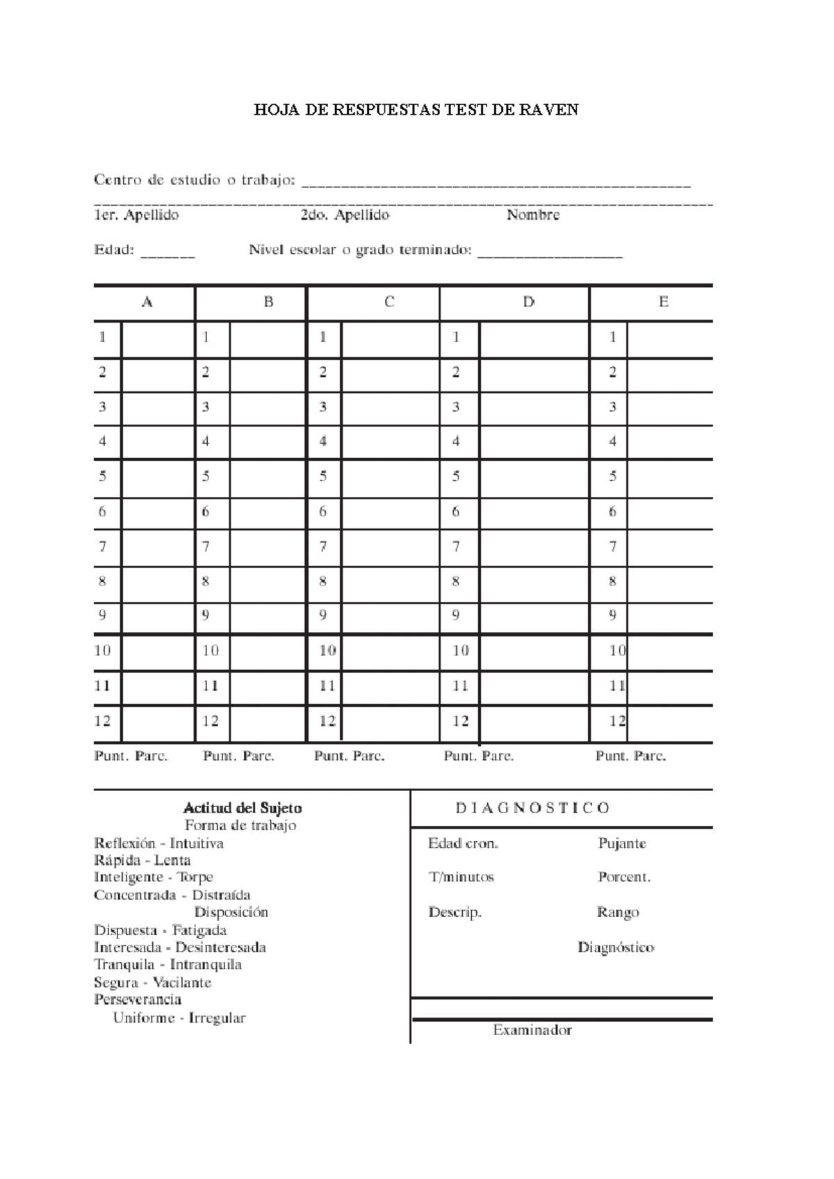 HOJA DE RESPUESTAS TEST DE RAVEN - Evaluación Psicológica - Studocu