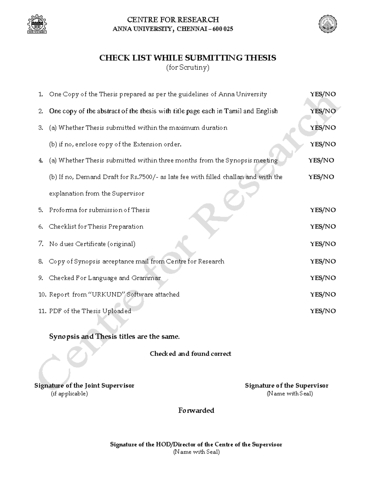 Checklist for PhD Thesis Submission - Anna University - Studocu