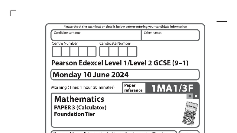 P3 - Mathematics Paper 3 (Calculator) Foundation Exam Practice - Studocu