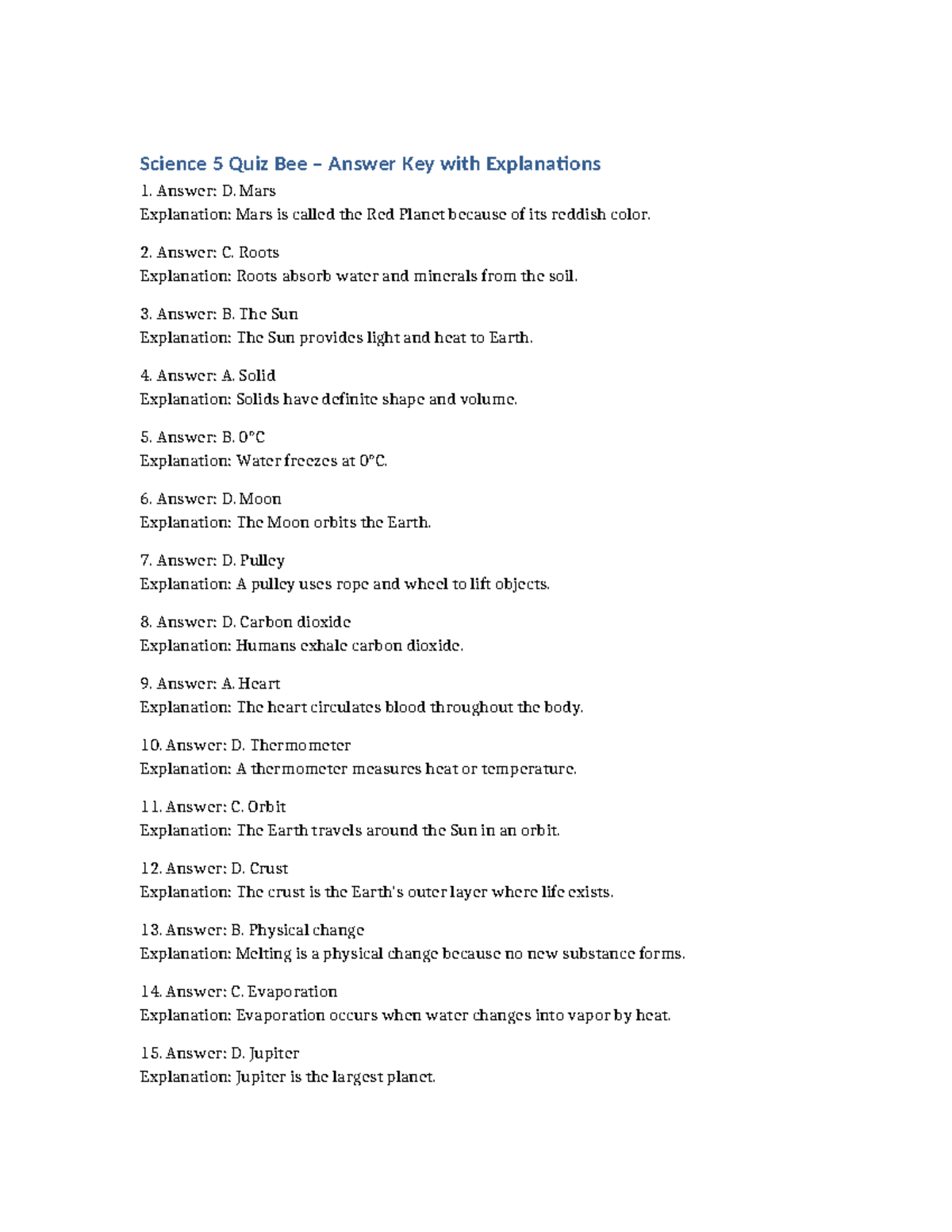 Science 5 Quiz Bee Answer Key & Explanations v2 - Studocu