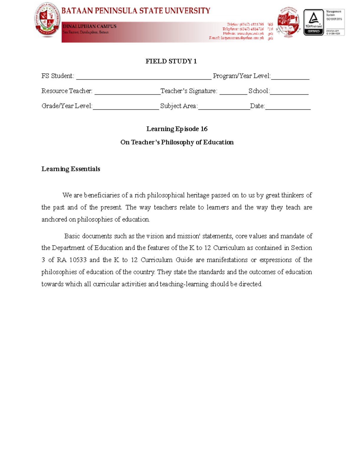 FS Learning Episode 16 - FIELD STUDY 1 FS Student