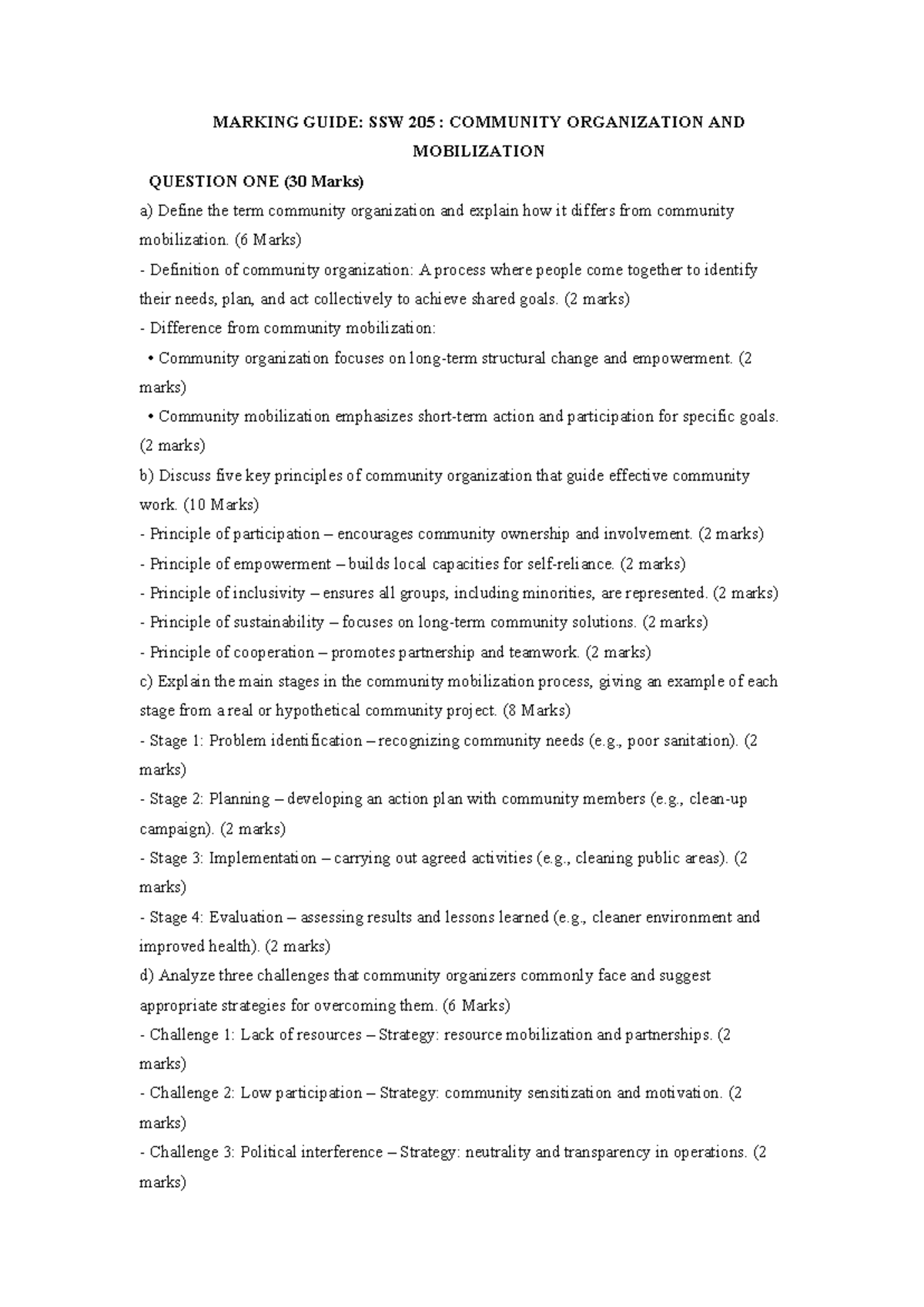Marking Guide: SSW 205 - Community Organization & Mobilization ...