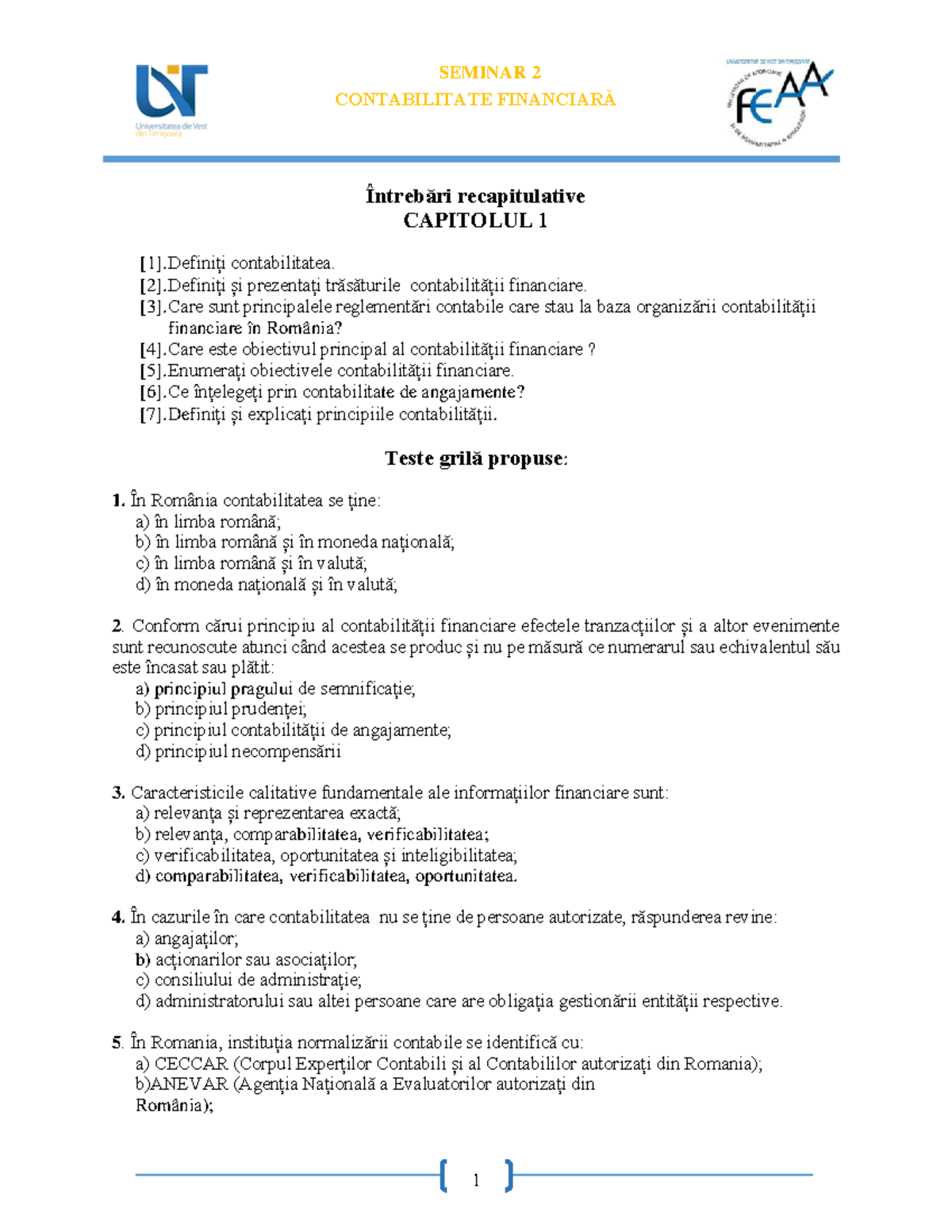 Seminarul doi la contabilitate financiara din anul 1 - UVT - Studocu