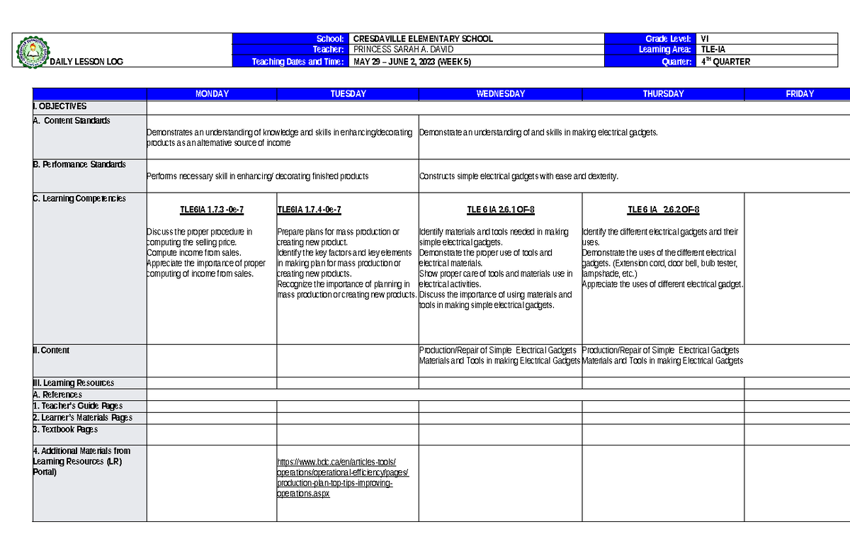 DLL TLE 6 Q4 W5 - Daily Lesson Log on Electrical Gadgets - Studocu