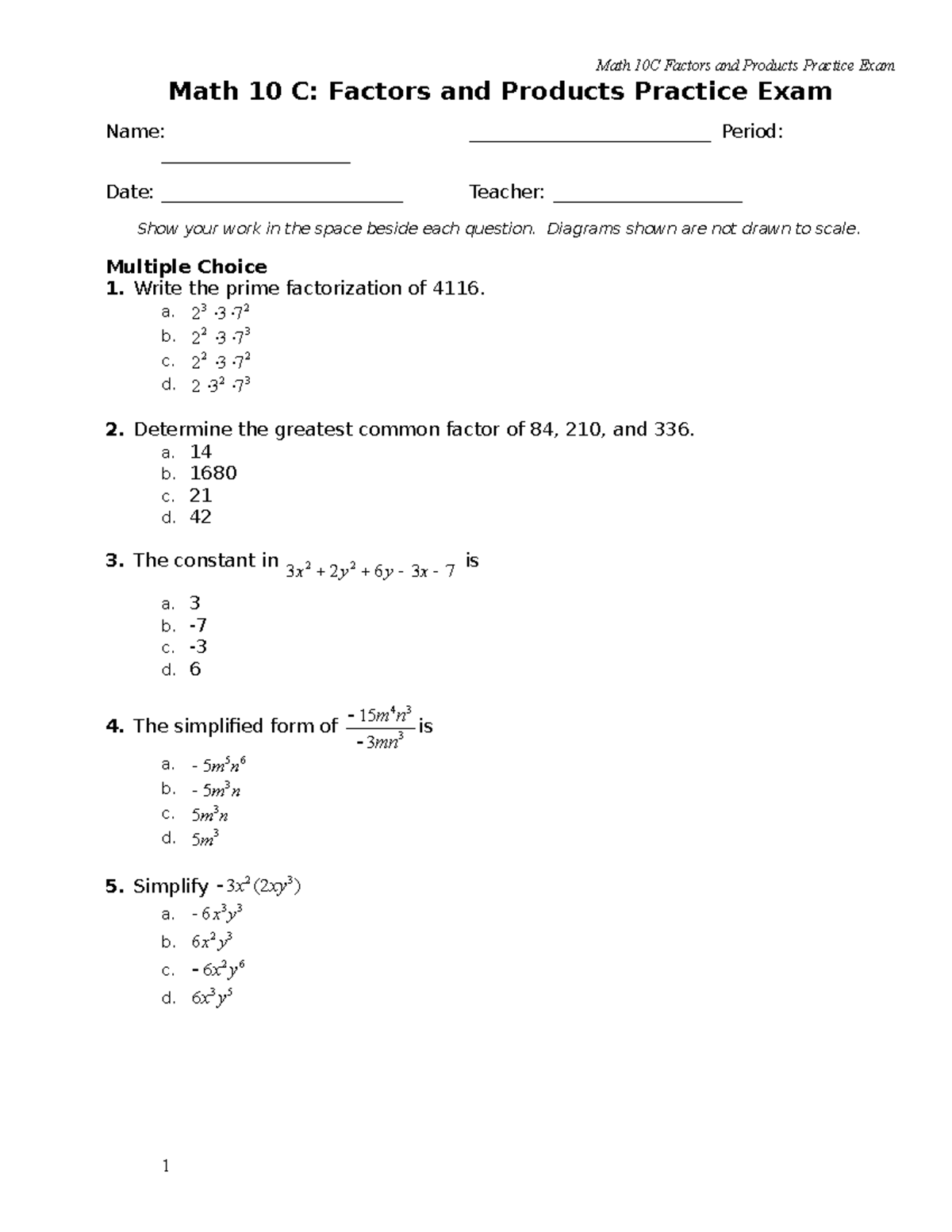 Math 10 C: Factors and Products Practice Exam Review Notes - Studocu