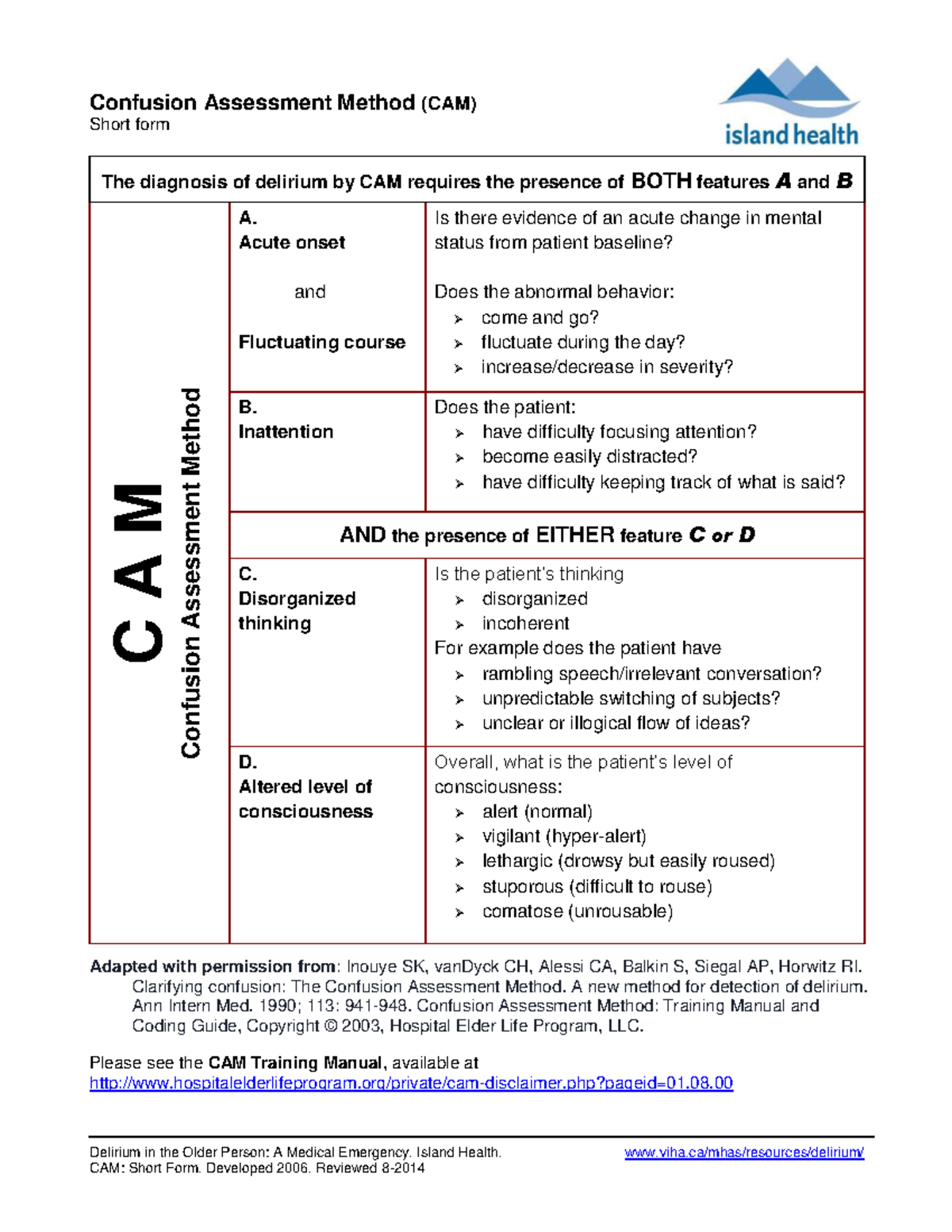 Confusion Assessment Method (CAM) Short Form for Delirium Diagnosis ...