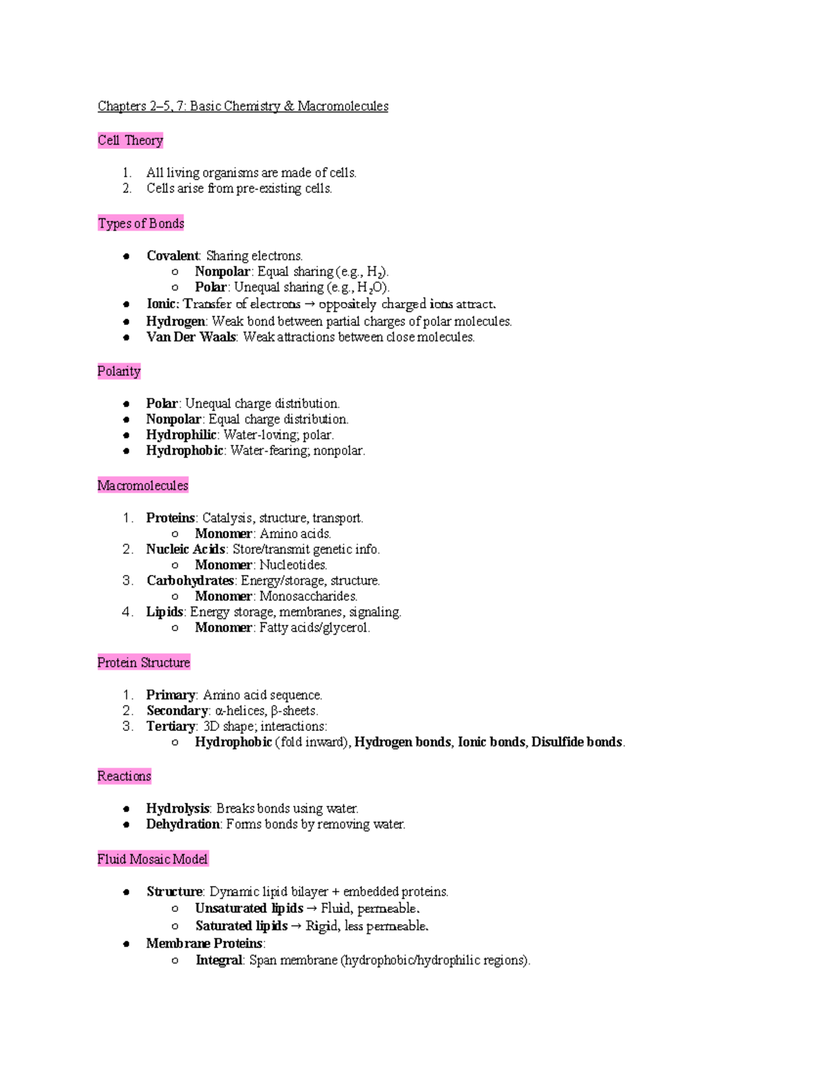 Bio 1112 Final Exam Notes - Chapters 2–5, 7: Basic Chemistry ...