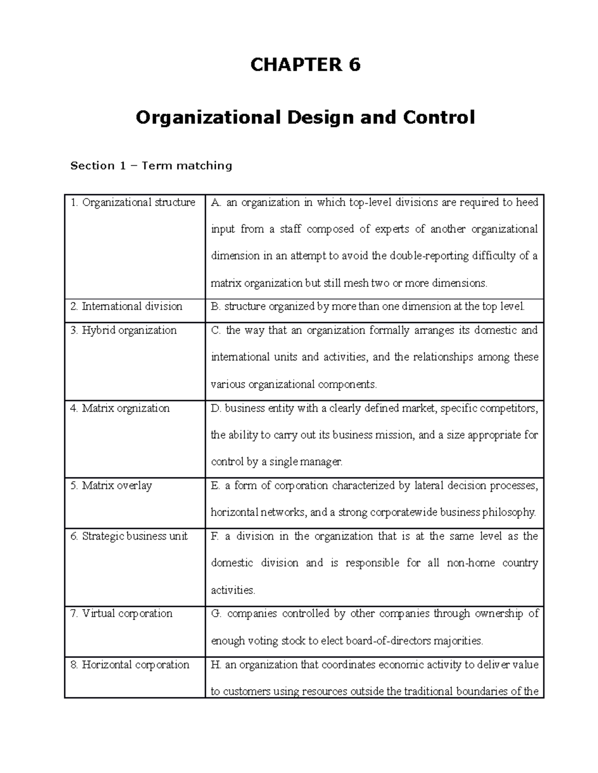 IB Workbook Chapter 6 - CHAPTER 6 Organizational Design and Control ...