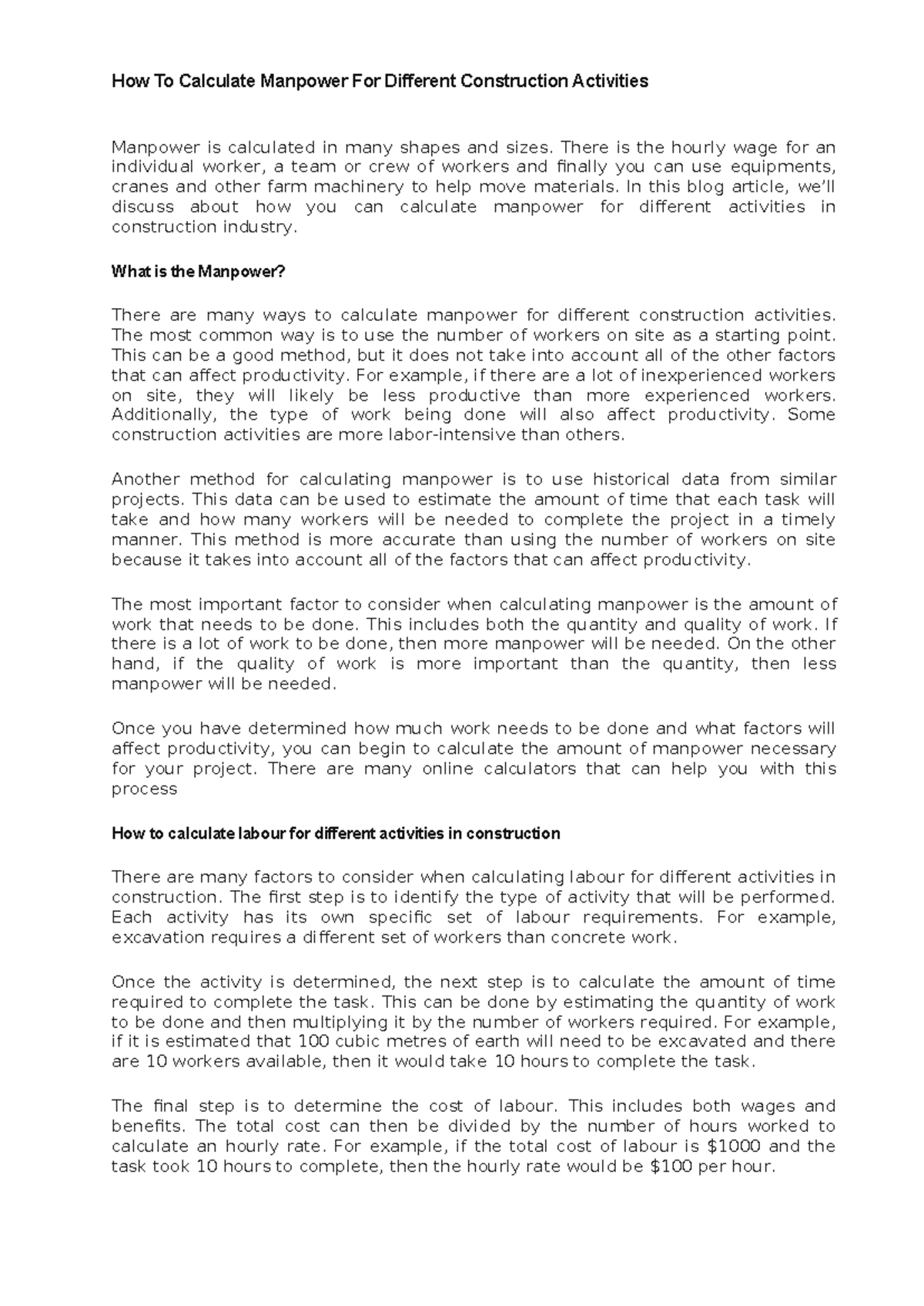 Manpower Calculation for Construction Activities: A Comprehensive Guide ...