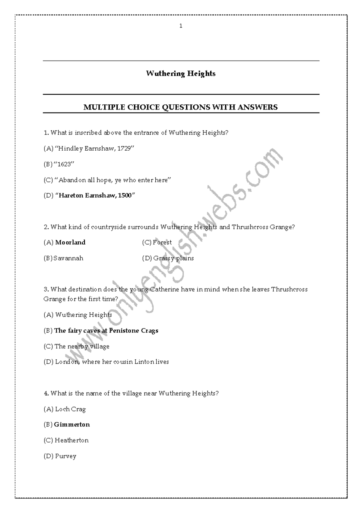 Wuthering Heights: MCQs with Answers for Literature Study - Studocu