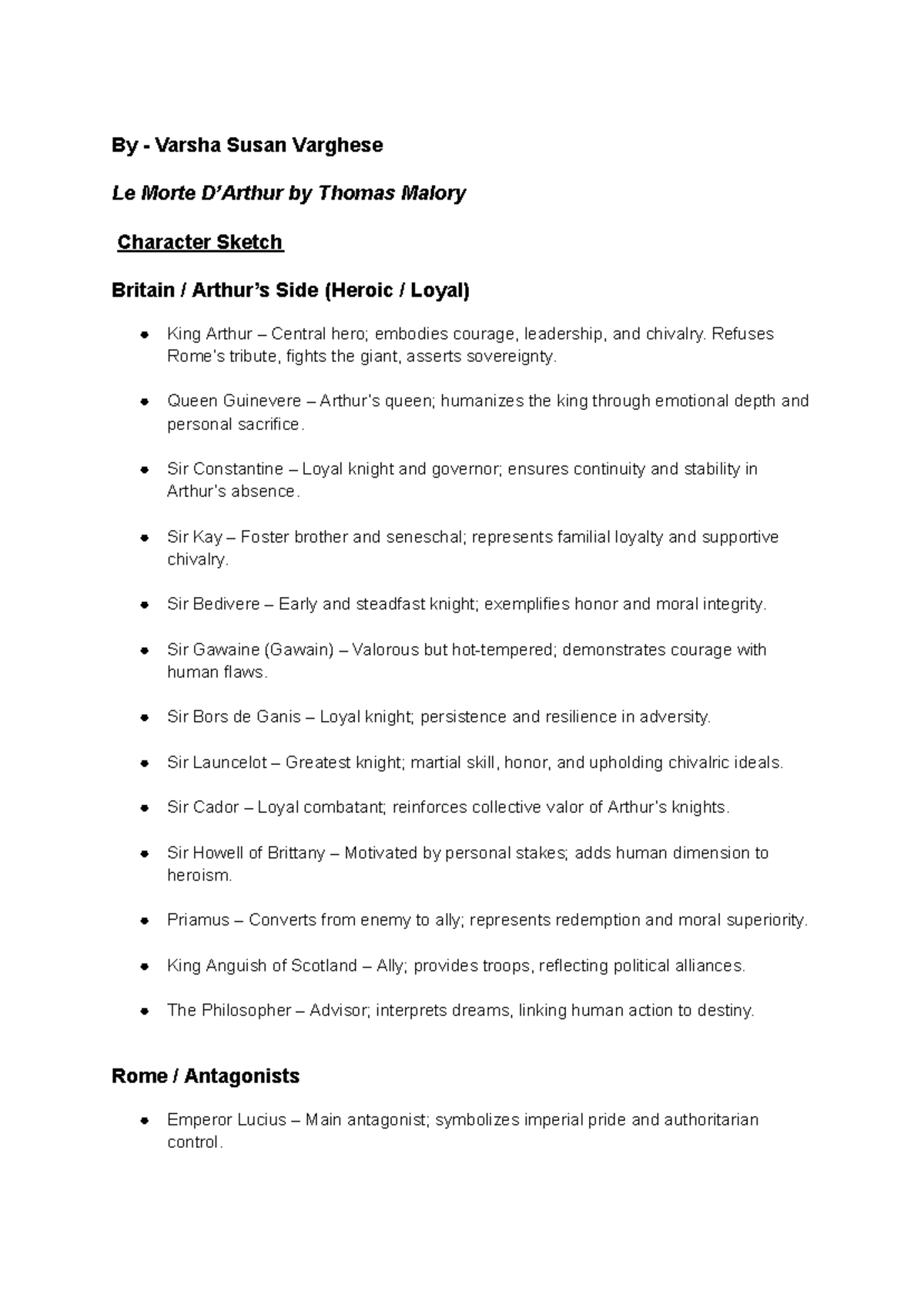 Character Sketches of Key Figures in Le Morte d'Arthur (ENG 101) - Studocu