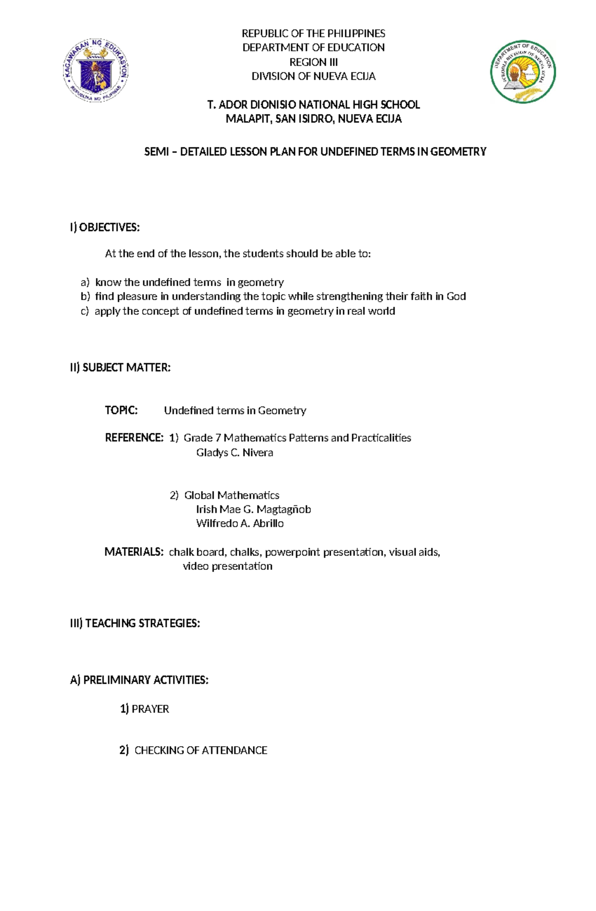 383571331 Geometry Lesson Plan: Undefined Terms Overview - Studocu