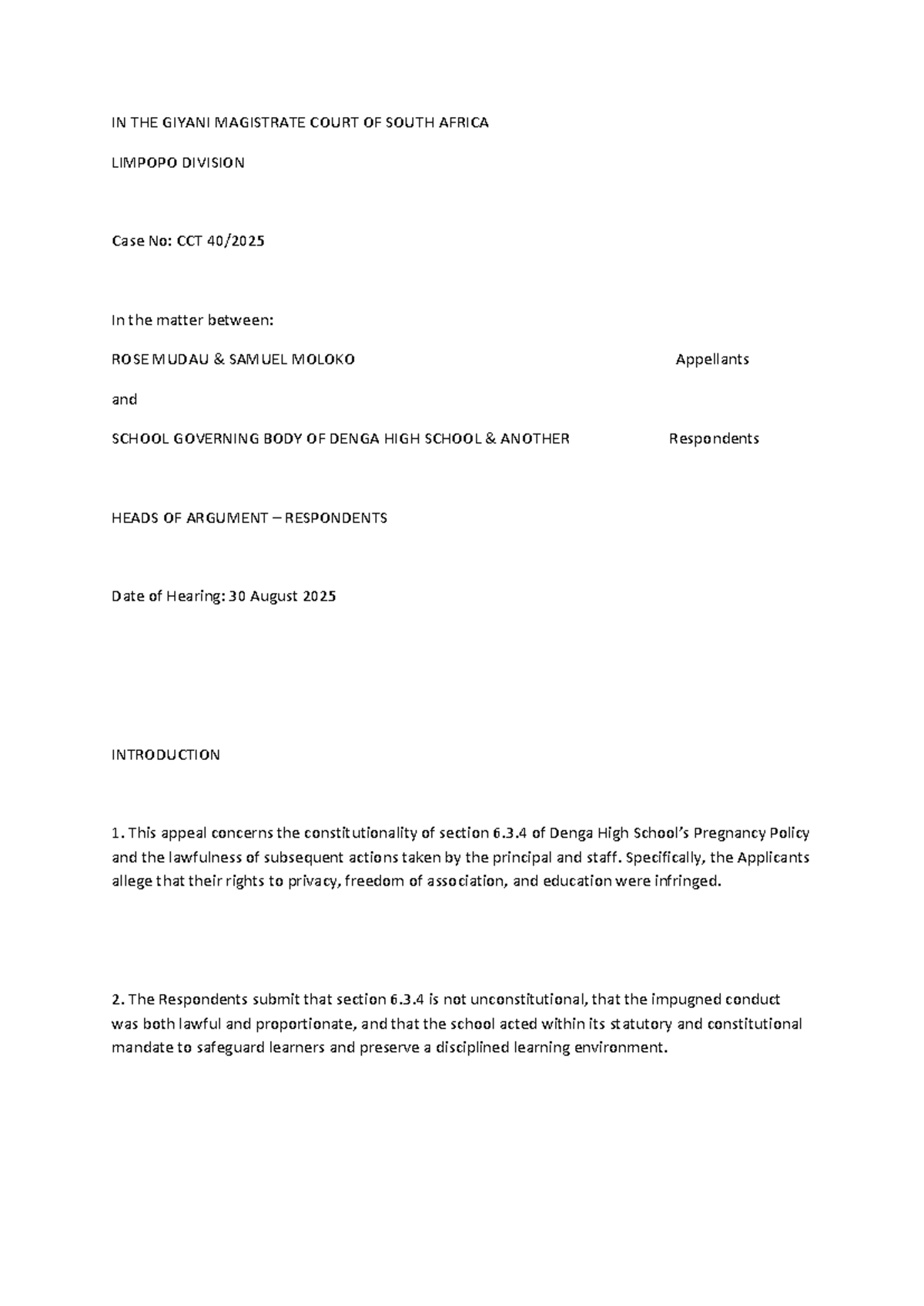 Respondents' Heads of Argument: CCT Case on Denga High Pregnancy Policy ...