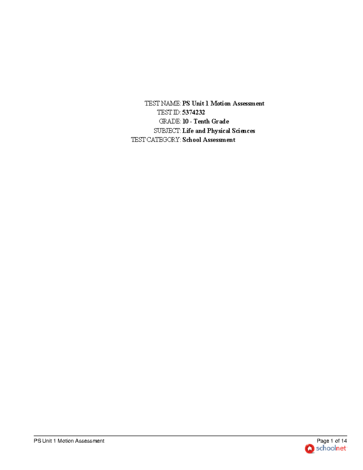 PS Unit 1 Motion Assessment - 10th Grade Life Science Test - Studocu