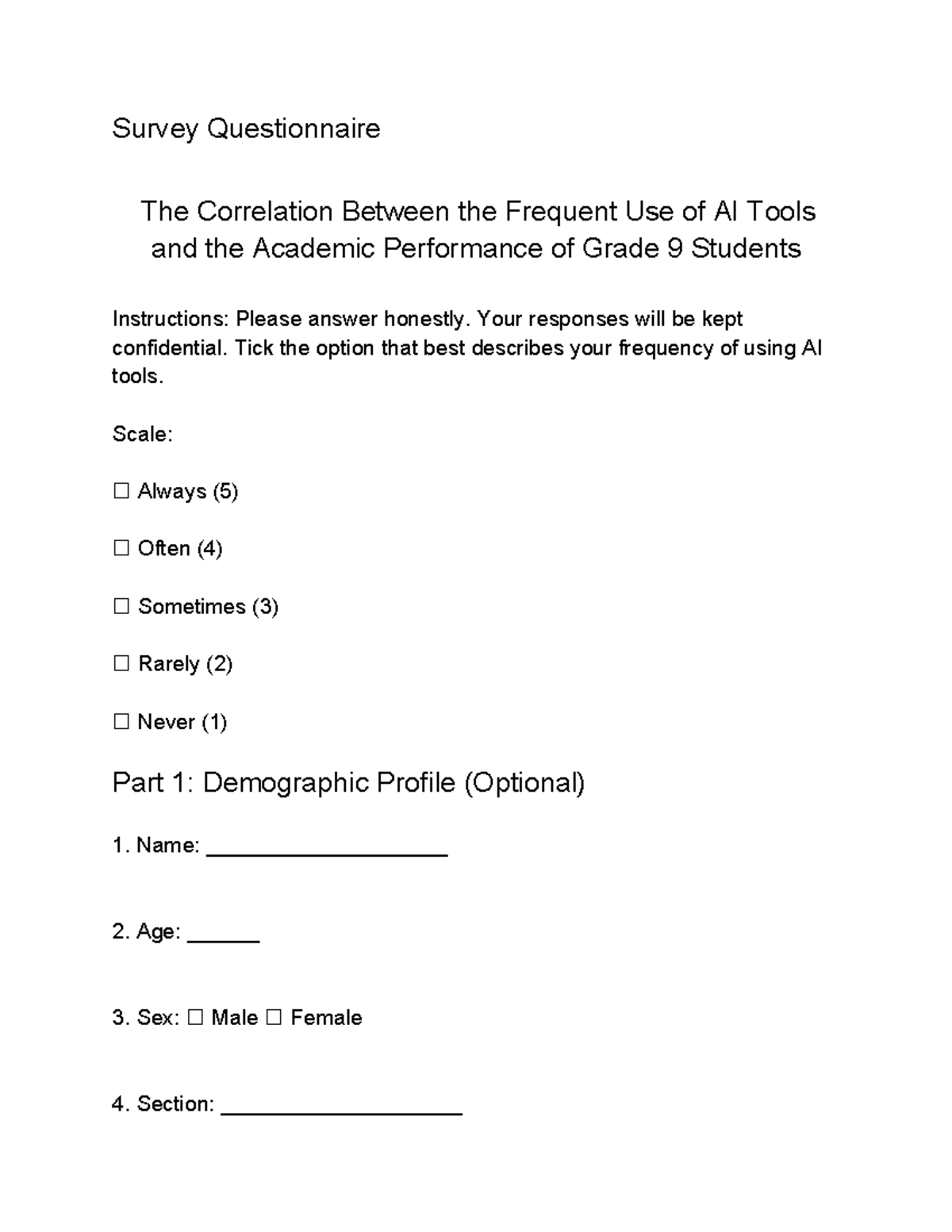 Survey Questionnaire: AI Tools & Academic Performance of Grade 9 ...