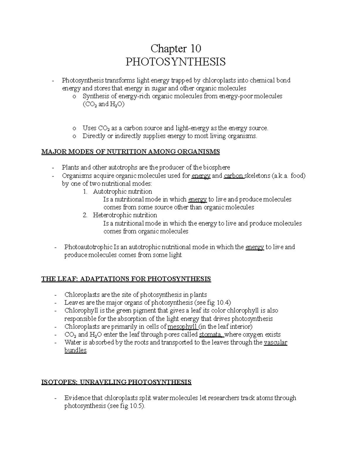 Chapter 10 Notes - Chapter 10 PHOTOSYNTHESIS - Photosynthesis ...