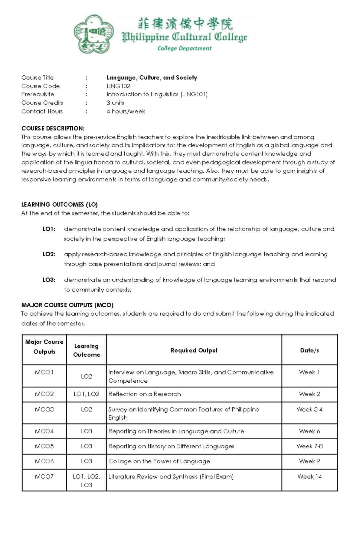 Philippine Cultural College Courses