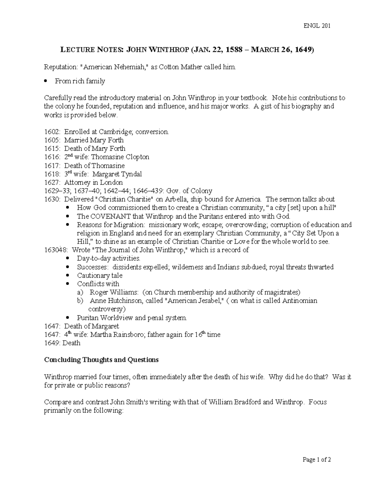 ENGL 201 LECTURE NOTES: JOHN WINTHROP'S LIFE & INFLUENCE - Studocu
