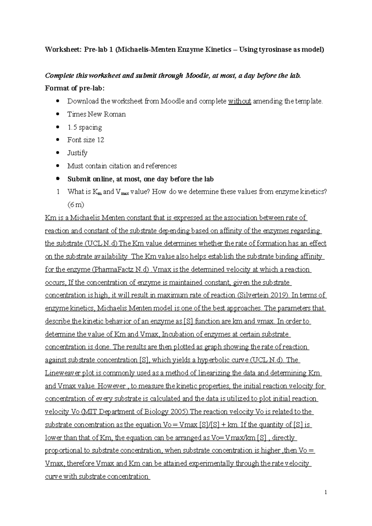 Pre-lab worksheet 1 - labs - Worksheet: Pre-lab 1 (Michaelis-Menten ...