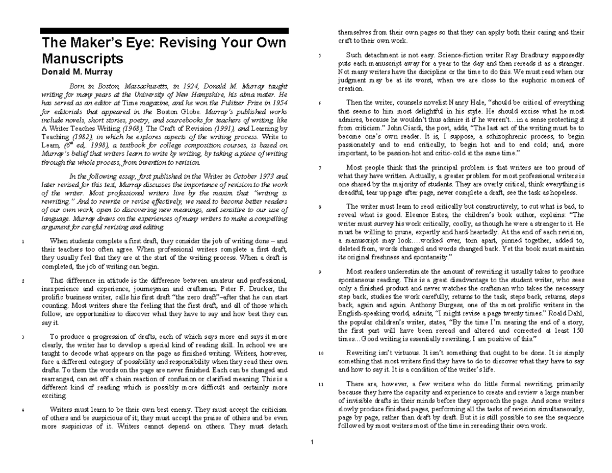 Revising Your Own Manuscripts: Insights from Donald M. Murray - Studocu