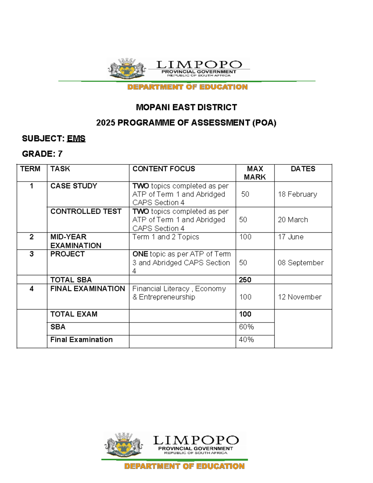2025 EMS G7-9 Programme of Assessment (POA) Overview and Details - Studocu