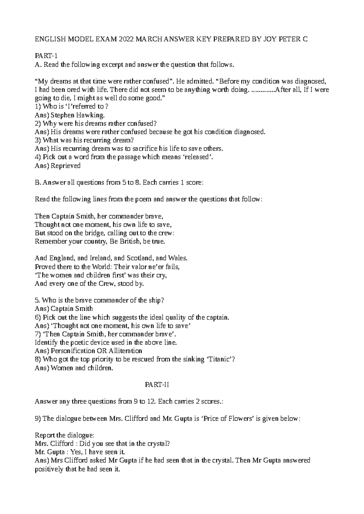 Model answer key 2022 qns 1-26 - ENGLISH MODEL EXAM 2022 MARCH ANSWER ...