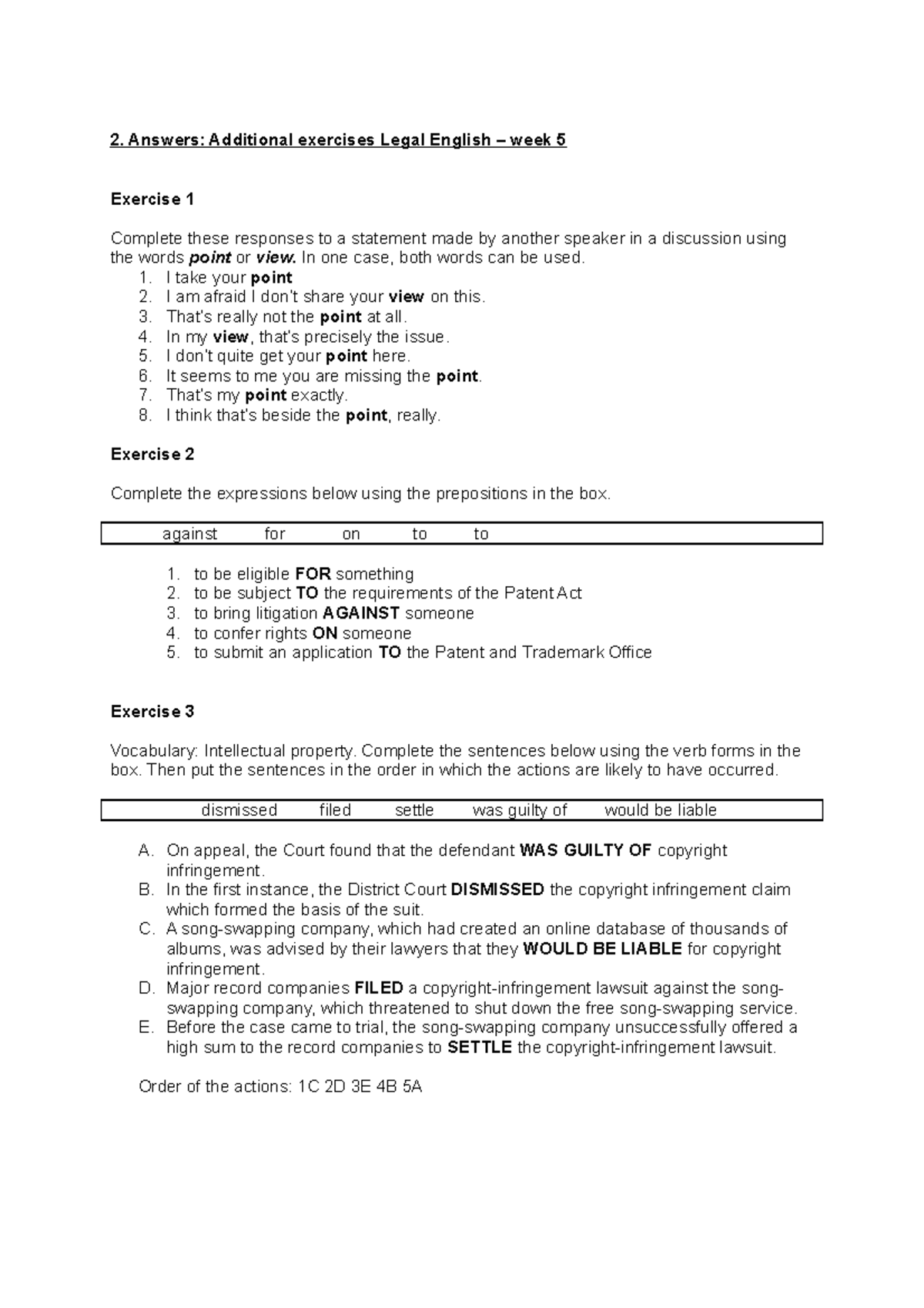 Legal English Week 5: Answers to Additional Exercises - Studeersnel