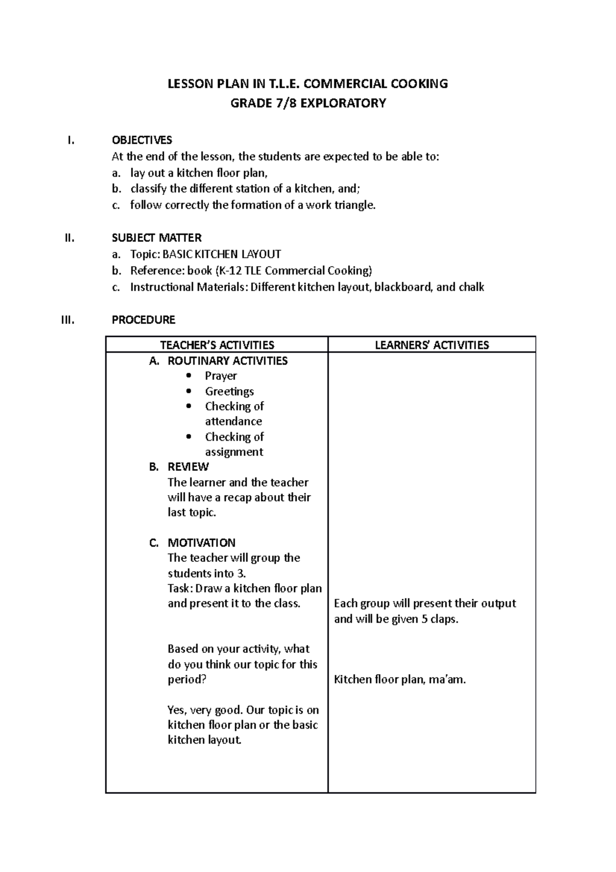 Lesson Plan for T.L.E. Commercial Cooking (Grade 7/8) - Studocu