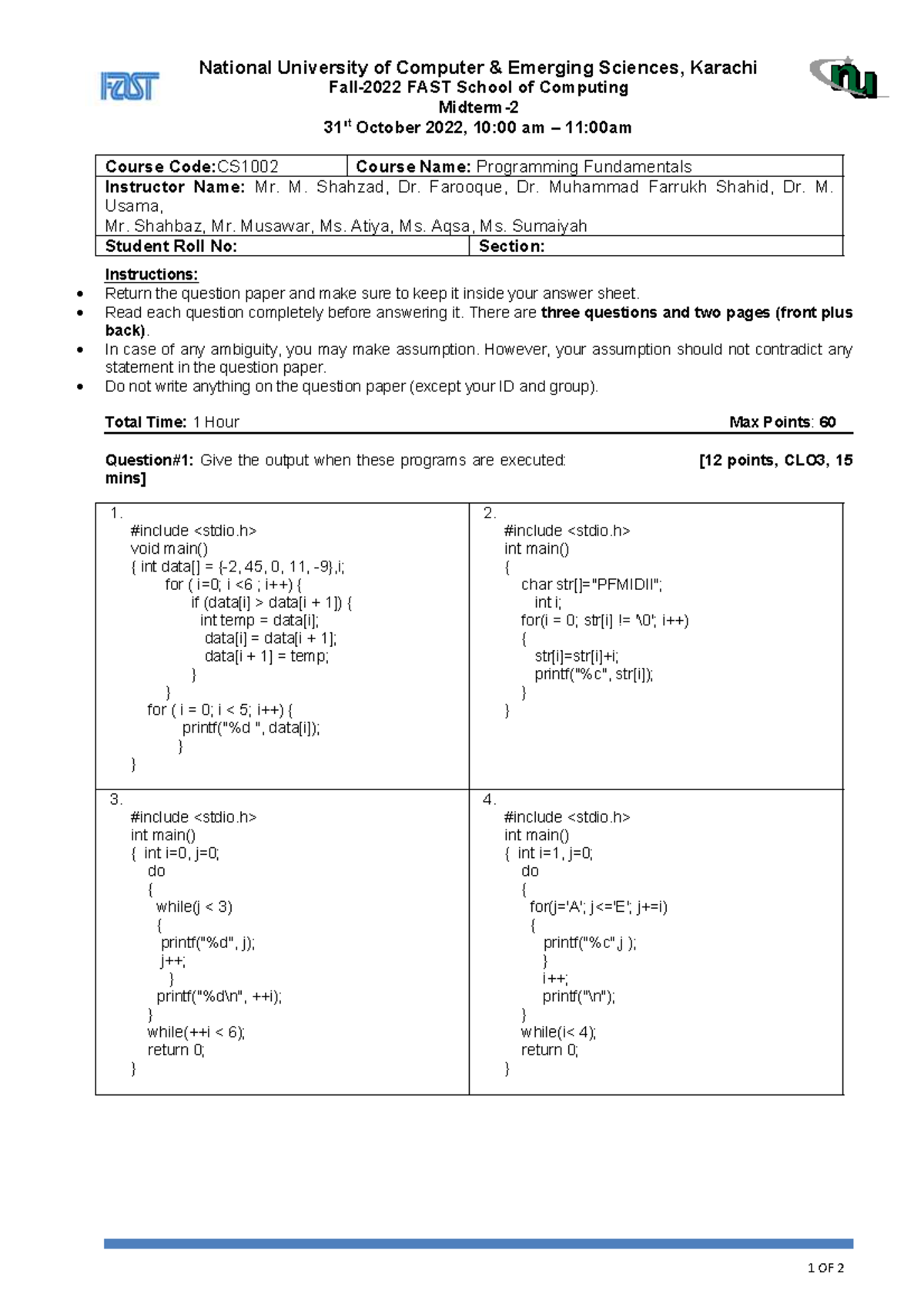 PF CS1002 Midterm Exam Past Papers - Programming Fundamentals - Studocu