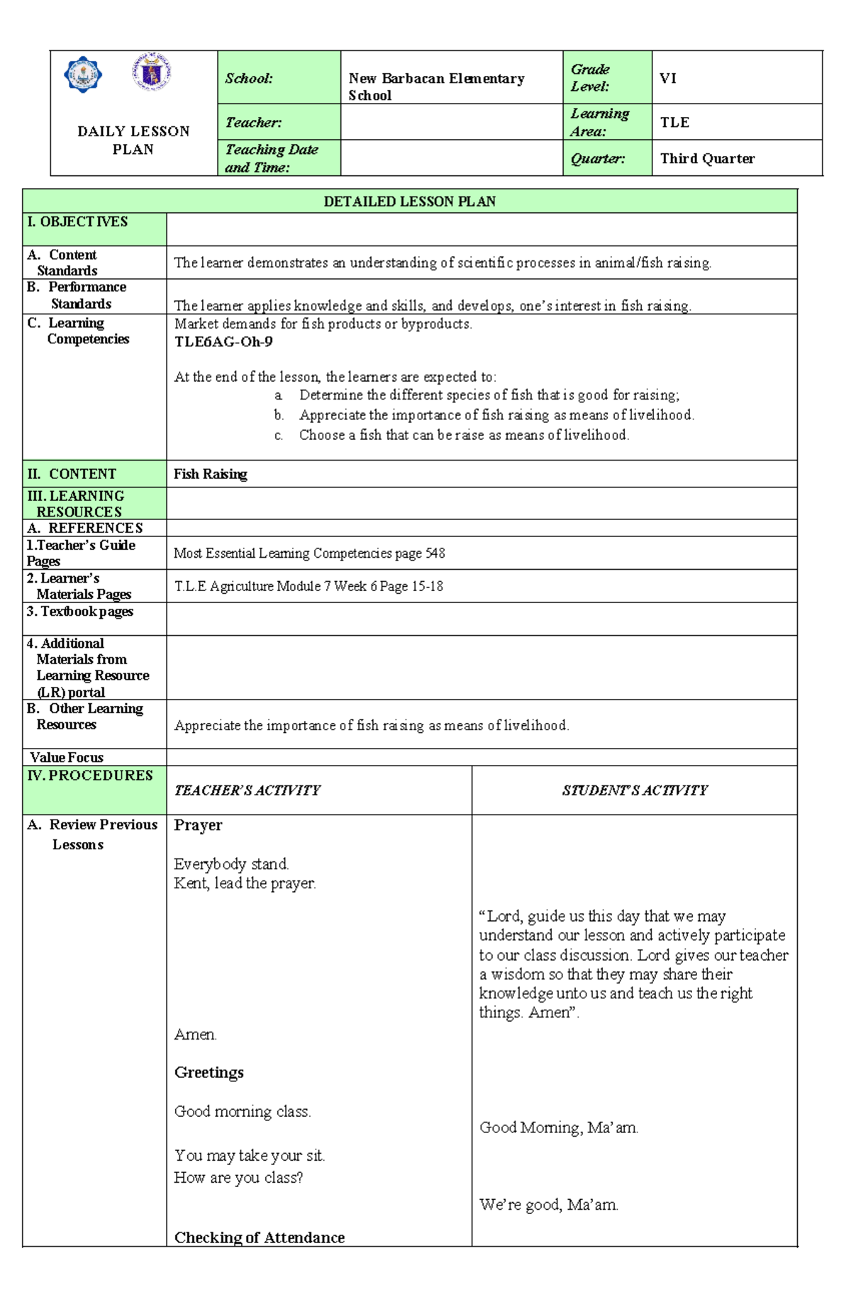 EPP-FISH- Detailed Lesson Plan on Fish Raising for Grade VI - Studocu