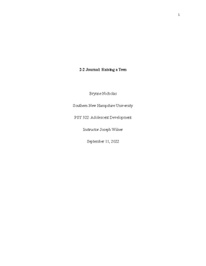 PSY322 - Jounral 3 - 1 Journal 3: 14 to 18 Years Old PSY 322 ...