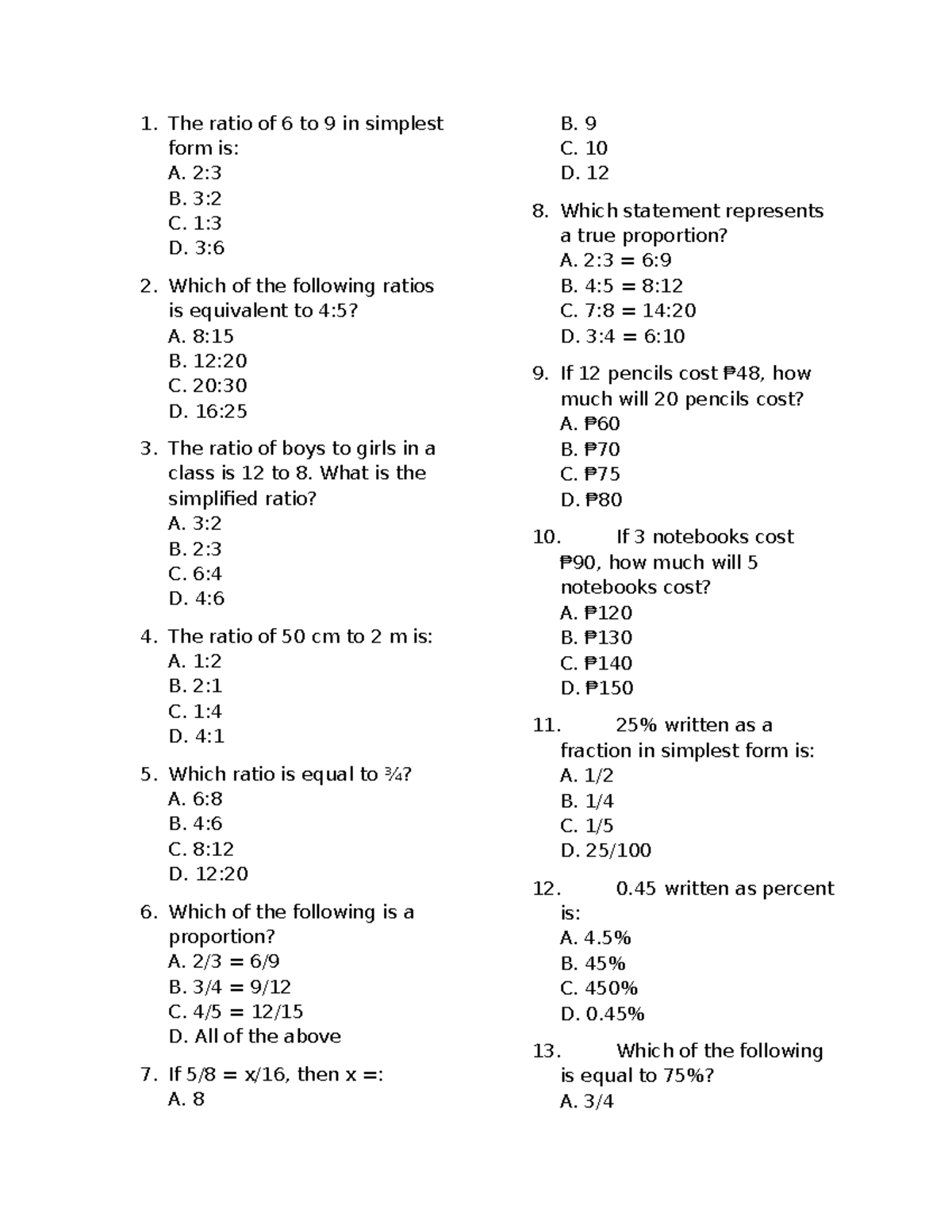 PRE-TEST G6 - Math Ratios and Proportions Quiz - Studocu