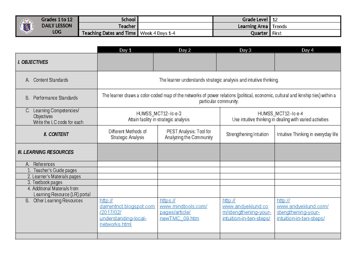 Grade 12 Daily Lesson Log: Strategic Analysis & Intuitive Thinking ...