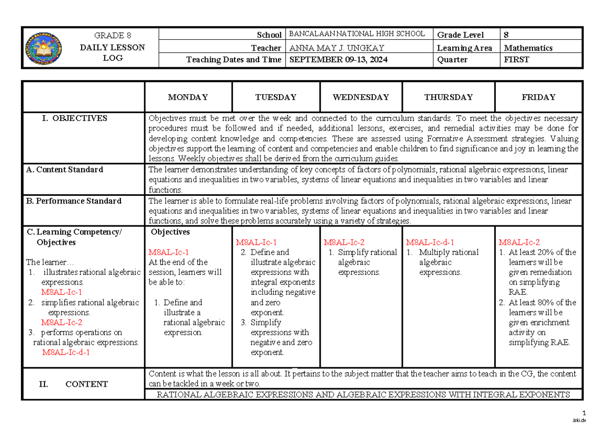 GRADE 8 MATHEMATICS DAILY LESSON LOG - SEPTEMBER 2024 - Studocu