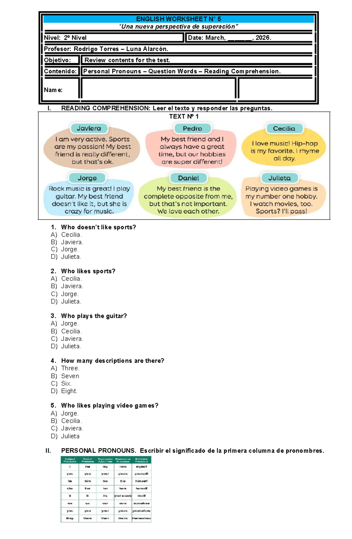 ENGLISH WORKSHEET N° 5: Review for 2nd Level Test - Studocu